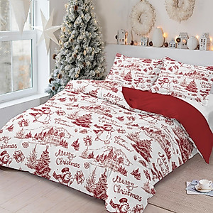 Drucon Christmas Duvet Cover Set Queen Size 3 Pieces Soft Microfiber Breathable Bedding Set Red Christmas Snowman Pattern Duvet Cover with 2 Pillowcases