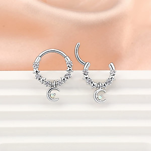 Melighting Septum Rings 16G Moon Septum Jewelry with Opal Clear CZ Surgical Steel 316L Star Helix Earring Dangle Daith Earrings Nose Rings Piercing for Women Men