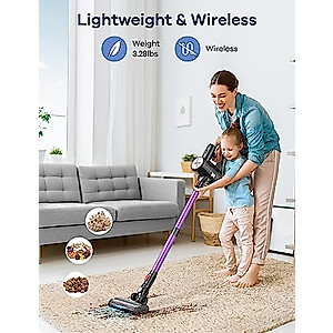Ganiza Cordless Vacuum Cleaner- 𝟐𝟖𝐊𝐩𝐚 Powerful Suction, 6-in-1 Lightweight Stick Vacuum Cordless with LED Headlight, 40 Min Runtime, Detachable Wand for Hardwood Floor Carpet Pet Hair, Purple
