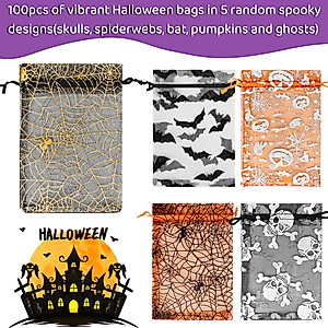 HRX Package 100pcs Halloween Organza Bags 4x6 inch, Mesh Candy Bags Drawstring, Small Goodie Bags for Treats, Jewelry, Party Favor