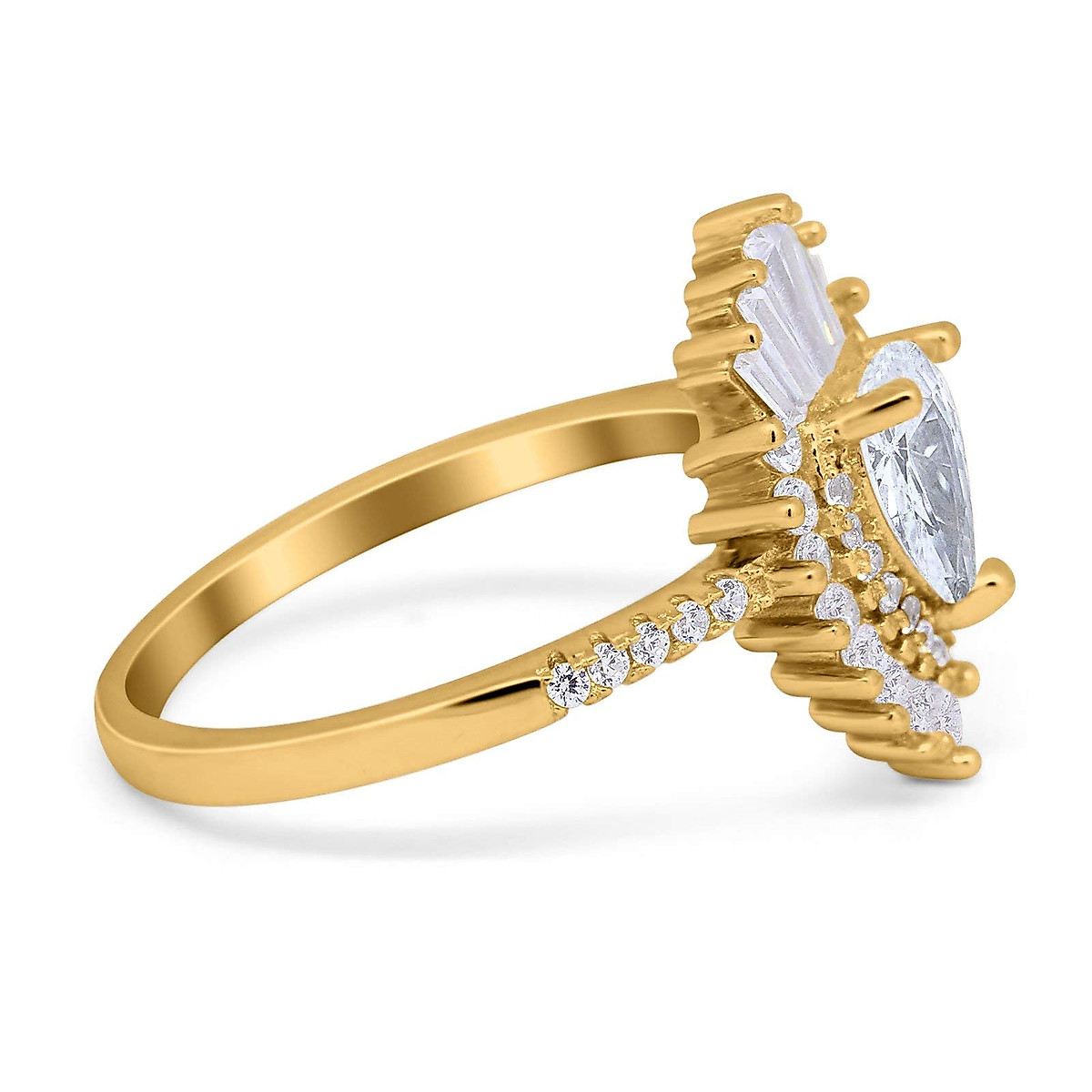 Blue Apple Co. Yellow Tone, Simulated Cubic Zirconia Size-6 Art Deco Teardrop Pear Wedding Engagement Ring Baguette Round CZ 925 Sterling Silver