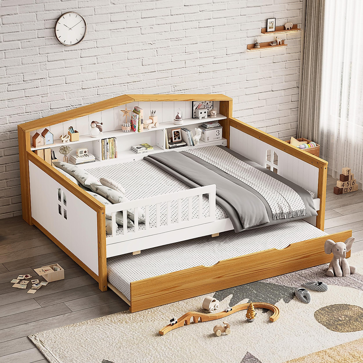 MERITLINE Full Size Daybed with Trundle and Bookcase Headboard, Wood Daybed Sofa Bed with Charming House-Shaped Design,Kids Bed Frames with Windows and Safety Rails,Walnut and White