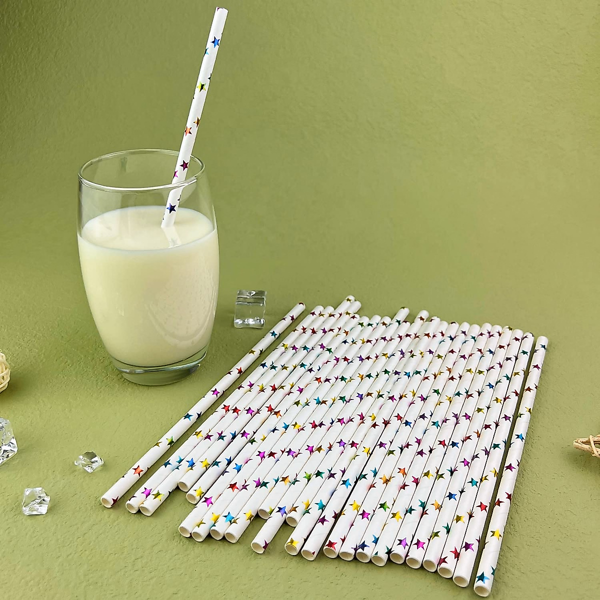 100 pcs Rainbow Foil Polka Dot and Star Paper Straws, Colorful Metallic Shiny Blue Green Gold Red Pink Party Drinking Straws Bulk, Kids Wedding Holiday Birthday Cake Pop Sticks (Mixed 2 Styles)