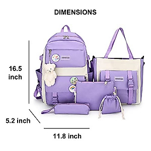 AONUOWE 5pcs Aesthetic Backpack Set for School Teens Girls Daypack Cute Trendy Large Capacity Preppy Shoulder Bag (Purple)