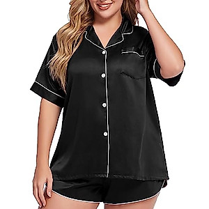 SWOMOG Womens Satin Plus Size Pajamas Silk Button Down Shorts Set Pajama Shorts 2Pcs Short Sleeve Pjs Sets Loungewear Black