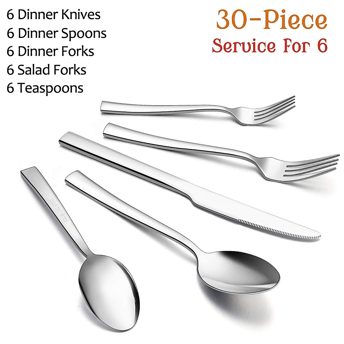 30-Piece Silverware Set, E-far Stainless Steel Flatware Set Service for 6, Modern Tableware Cutlery Set for Home and Restaurant, Square Edge & Mirror Finish, Dishwasher Safe