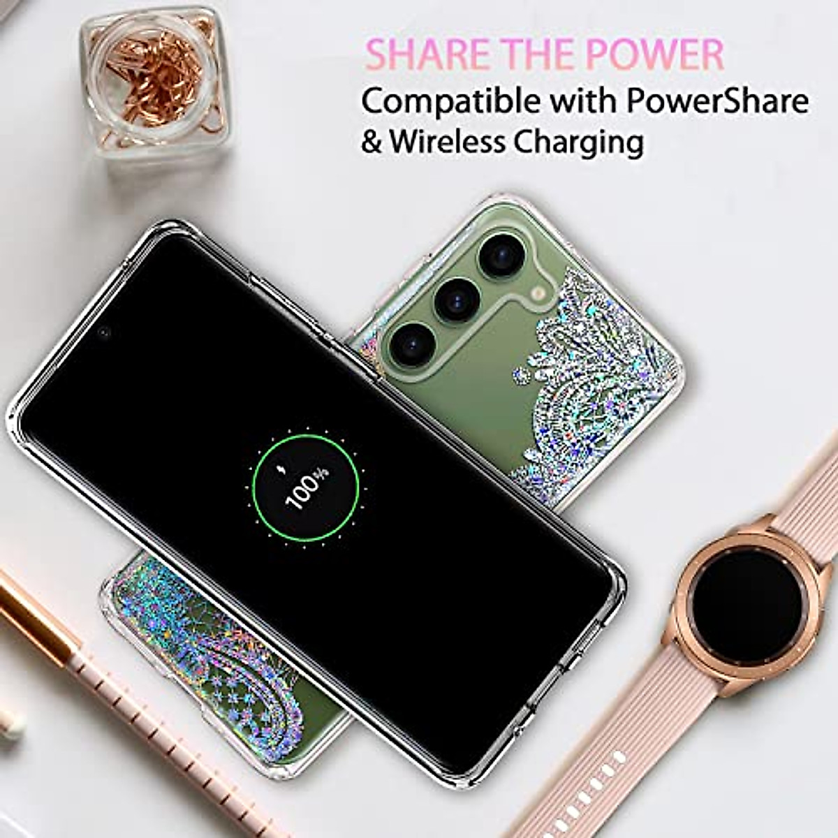 Coolwee Clear Glitter for Samsung Galaxy S23 Plus Case Thin Flower Slim Cute Crystal Lace Bling Sparkle Floral Hard Plastic Cover Back Soft TPU Bumper Protective Mandala Henna Anti Yellowing