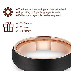 LerchPhi 6MM Tungsten Carbide Wedding Ring, Black Satin Finish and Rose Gold, Comfort Fit, Personalized Engraved Band for Anniversary