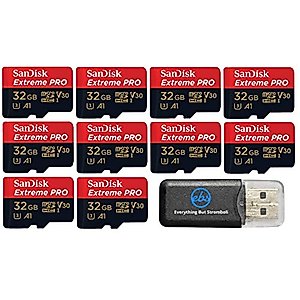 32GB SanDisk Extreme Pro (Ten Pack) 4K Micro Memory Card (SDSQXCG-032G-GN6MA) Class 10 U3 V30 A1 32G MicroSD HC SDHC Bundle with Everything But Stromboli Card Reader