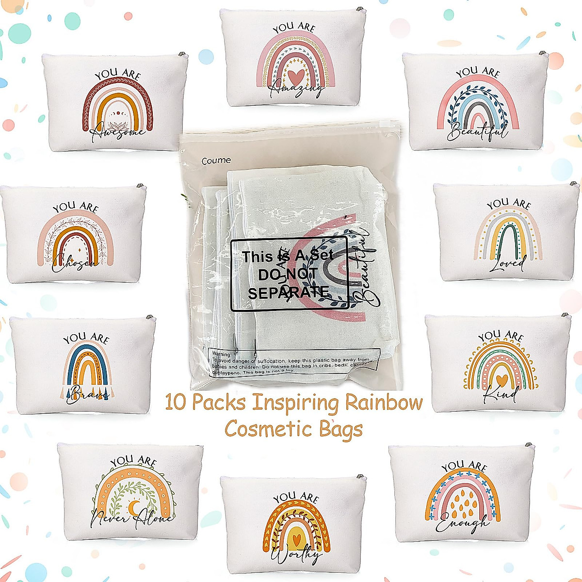 Coume 10 Pcs Rainbow Canvas Makeup Bags Bulk Inspirational Quotes Cosmetic Bags