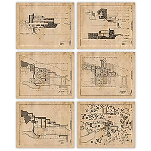 Vintage Architecture Prints, 6 (8x10) Unframed Photos, Wall Art Decor Gifts Under 25 for Home Office Studio College Student Teacher Coach Fallingwater Design Frank Lloyd Wright House Construction Fans