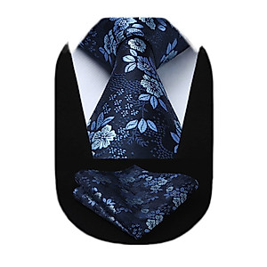 HISDERN Extra Long Floral Paislry Tie Handkerchief Men's Necktie & Pocket Square Set,Blue,2XL, 70 inches length