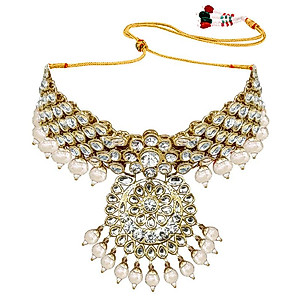 Aheli Indian Wedding Kundan Beaded Heavy Bridal Long Choker Necklace Earrings with Maang Tikka Traditional Jewellery Set for Women (White)