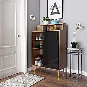 Mecor Shoe Rack Storage Cabinet, 2-Door Shoebox Container Organizer Standing w/ Sliding Door for Hallway Entryway Living Room Bathroom, Walnut/ Black