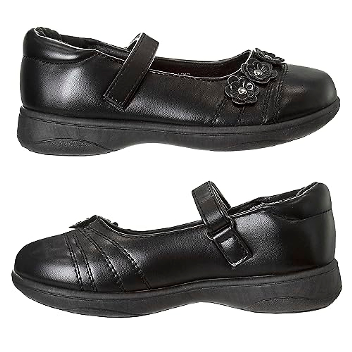 Josmo Petalia Girls Mary Jane Shoes School Kids Uniform Ballet Strap Slip-On Dress Flats - Black Flowers (Size 2 Big Kid)