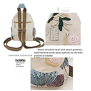 HUANGGUOSHU Women Cotton Woven Hippie Hemp Boho Canvas Embroidery Multi Pocket Retro Cute Backpack Wallet Backpack（Snails）