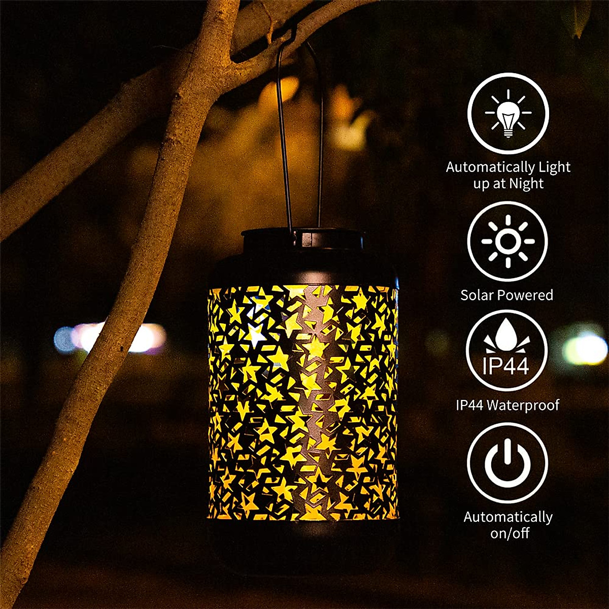 CASLONEE Outdoor Solar Lanterns Hanging Garden Lights Porch Decoration Warm White Lantern Hollow Out LED Lights Solar Powered Tabletop Lamp (1 Pack)