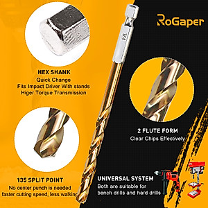ROGAPER 13 PCS Titanium Coated Hex Shank Drill Bit Set, HSS Twist Drill Bit Sets, Impact Driver Drill Bits for Wood, Steel, Metal, Plastic, Quick Change Design (1/16-1/4)