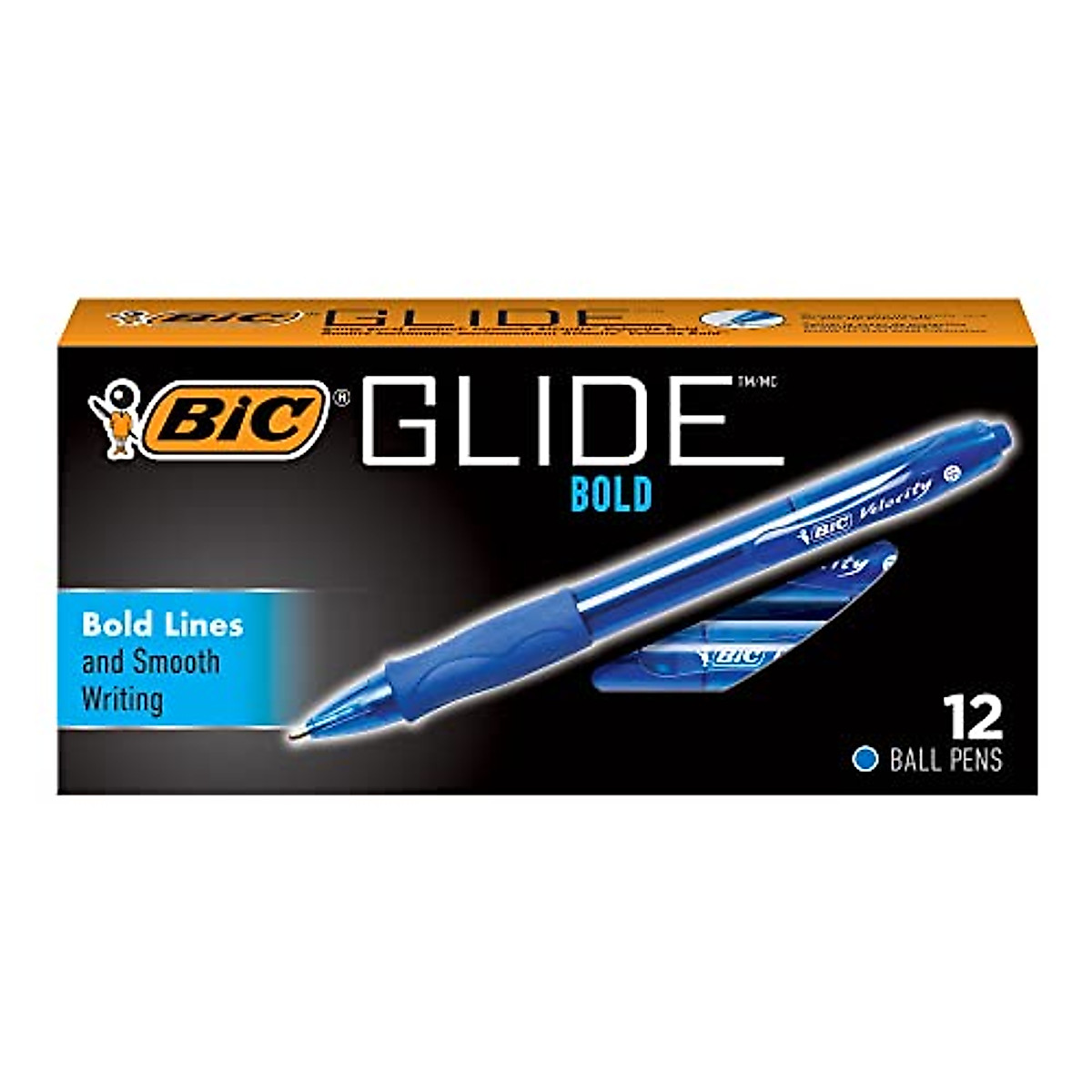 BIC Atlantis Velocity Bold Retractable Ball Pen, Bold Point (1.6mm), Blue, 12-Count, Rubber Grip for Comfortable Writing
