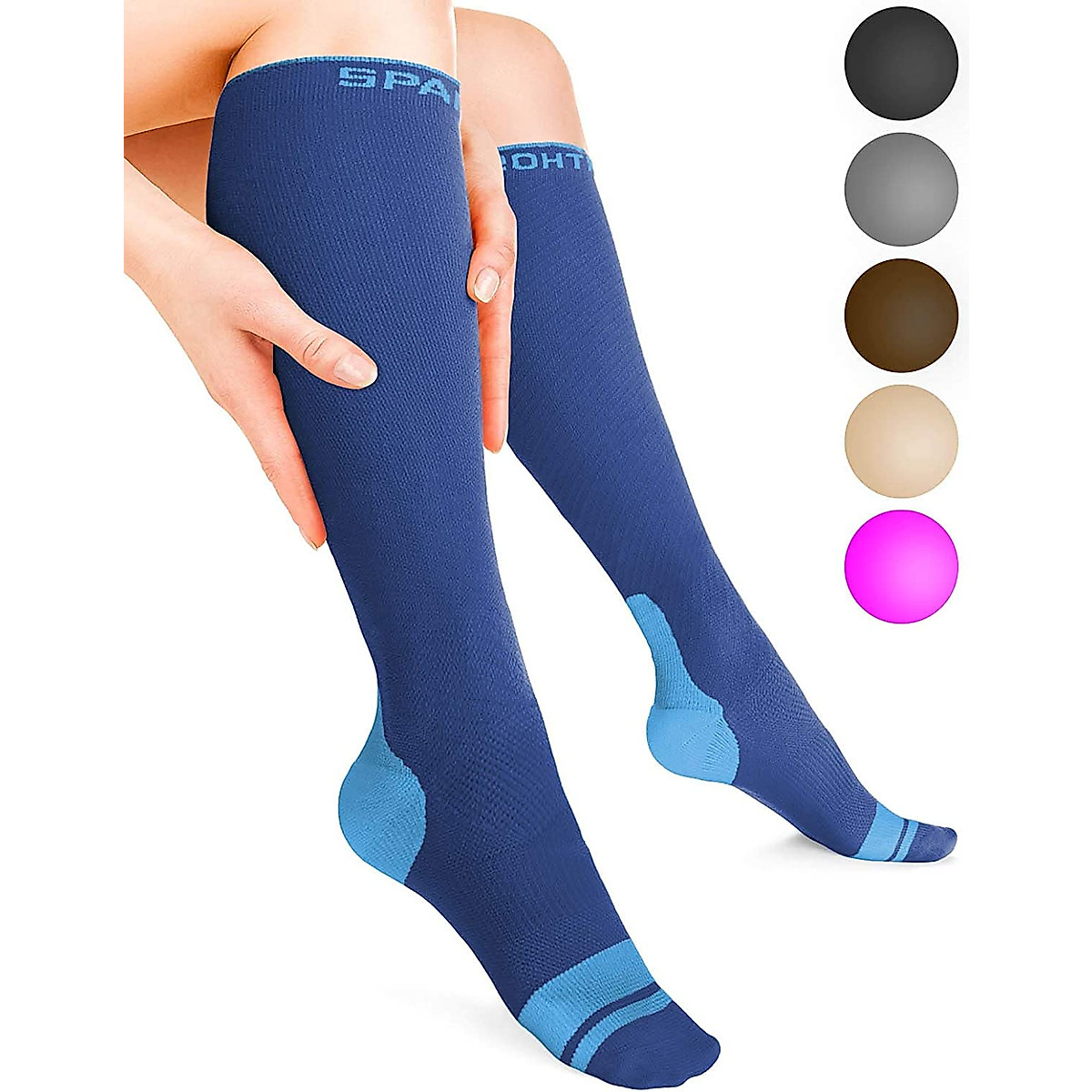 Sparthos Circulation Socks (20-30 mmHg) Wide Calf - Knee High Sock for Compression, Travel, Medical Support, Pregnancy, Nurses - Dr Sock Soothers Ankle Brace - Mens and Womens Plus (Blue-LXL-Wide)