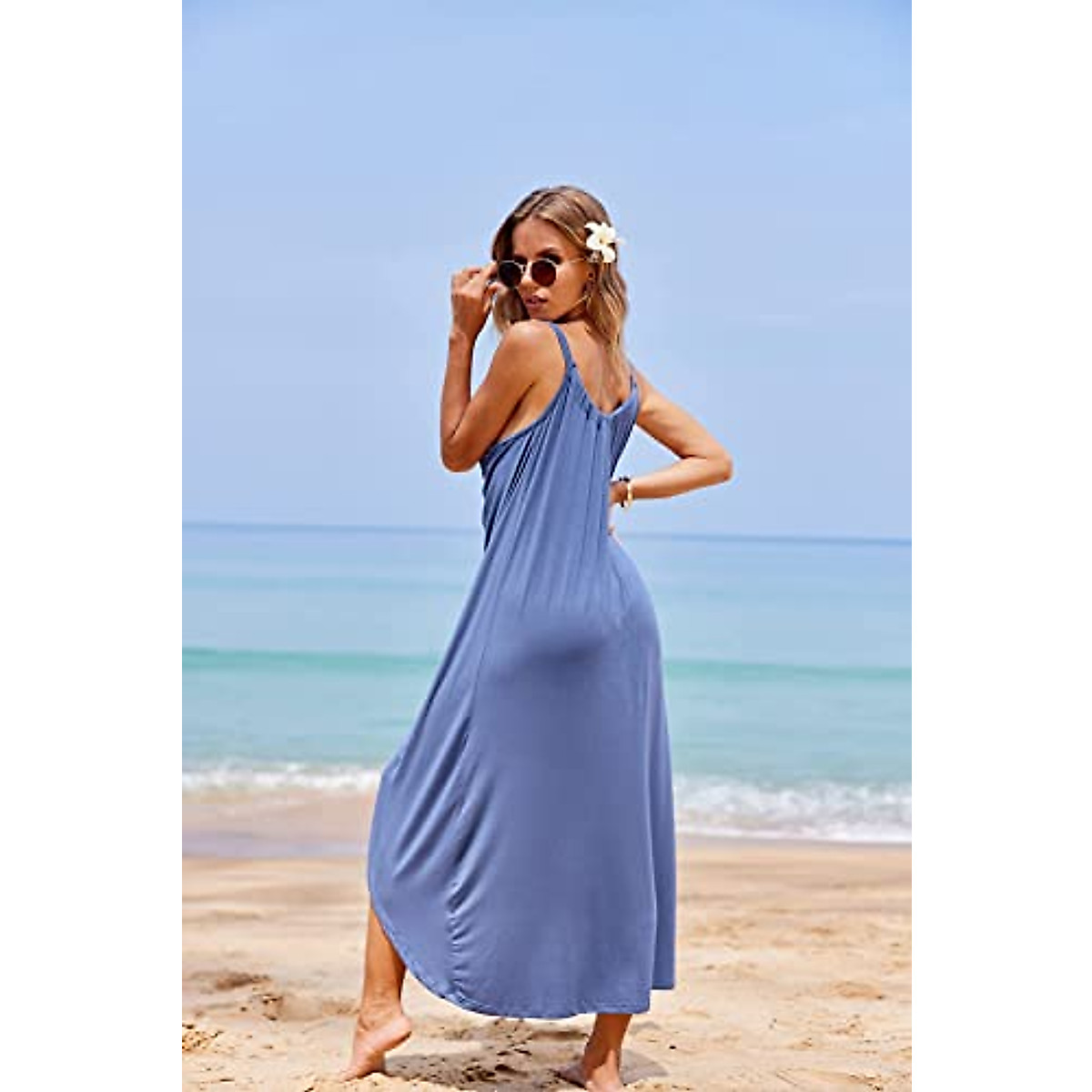 Ekouaer Womens Nightgown Sleeveless Long Nightshirt Full Slip Sleepwear Night Dress Plus Size Sleepshirt Chemise,Blue,3XL