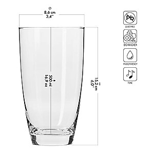 Krosno Tall Water Juice Drinking Glasses | Set of 6 | 16.9 oz | Mixology Collection | Perfect for Home, Restaurants and Parties | Dishwasher Safe