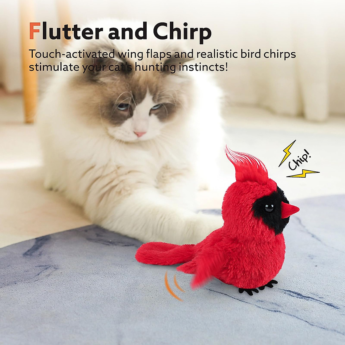 AIPERRO Flapping Cardinal Cat Toys, Interactive Cat Exercise Toy with Lifelike Bird Chirp, USB Rechargeable Automatic Cat Kicker Catnip Toys for Bored Indoor Adult Cats Kittens
