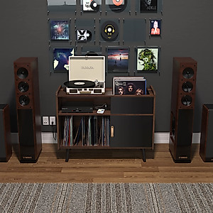 GDLF Large Record Player Stand, Vinyl Record Storage Cabinet with Power Outlet, Record Player Table Holds up to 350 Albums, Turntable Stand with Wood Legs for Living Room,Bedroom,Office