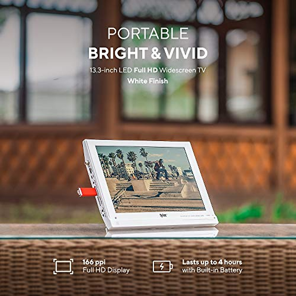 Tyler 13.3” Portable TV LCD Monitor 1080P Rechargeable Lithium Battery Operated, 3 Antenna, HDMI, SD, USB, RCA, FM Radio, Digital Tuner, AV Inputs, AC/DC, TV Stand & Remote Control For Kids Car Travel