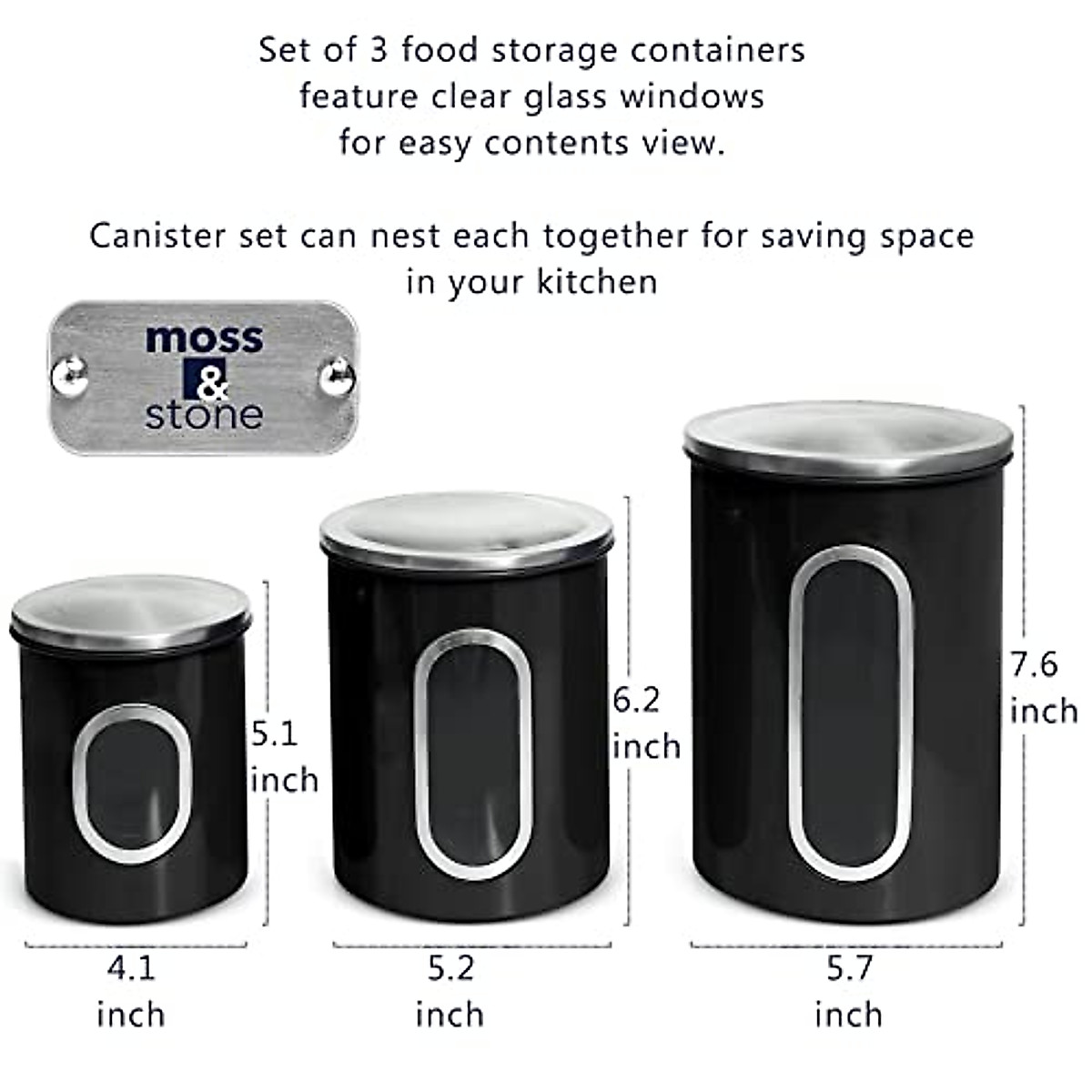 Moss & Stone 3 Piece Black Canisters Sets For The Kitchen, Kitchen Jars With See Through Window | Airtight Coffee Container, Tea Organizer, And Sugar Canister, Kitchen Canisters Set of 3 (Black)