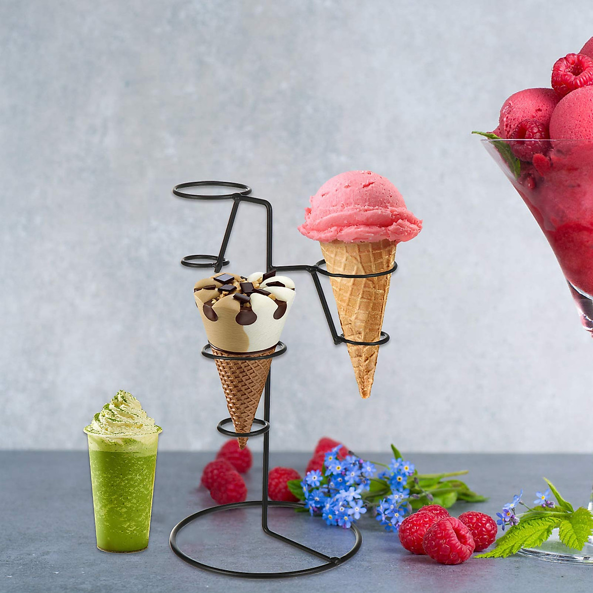 ABOOFAN Iron Ice Cream Cone Holder Stand with Base 3 Holes Sushi Hand Roll Stand Holder Cupcake Stand Baking Rack (Black)