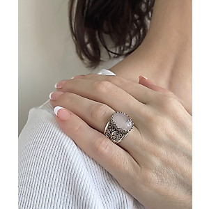 Filigranist 925 Sterling Silver Filigree Art Lace Embroidery Tulip Detailed Women Cocktail Ring with Rose Quartz Gemstone, Luxurious Gift Packed (Rose Quartz, 8)