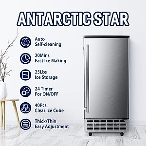 Antarctic Star Ice Maker 115V 60Hz Ice Scoop Handle Water Inlet Pipe Draining Pipe Quick Connector 40 Square Ice Cubes in 20 Minutes 80lbs in 24H 24-Hour Timer Self-Cleaning, Silver
