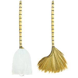 Handmade Asian Thai Broom Thick Natural Grass Brush & Handle Broomstick in Vintage Viet Whisk Straw Design
