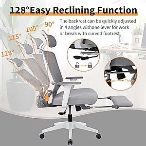 Foldable Ergonomic Office Chair, High Back Desk Chair with Footrest, Mesh Back Computer Chair with 2D Headrest, 2D Armrest, Adjustable Lumbar Support, Soft Sponge Seat, Swivel Task Chair, Gray