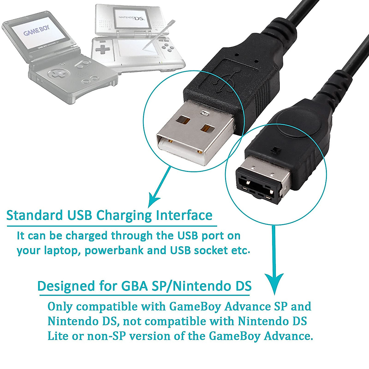 2 Player Link Cable + USB Power Charger Cable for Nintendo Gameboy Advance SP/GBA SP Connect Cable Cord