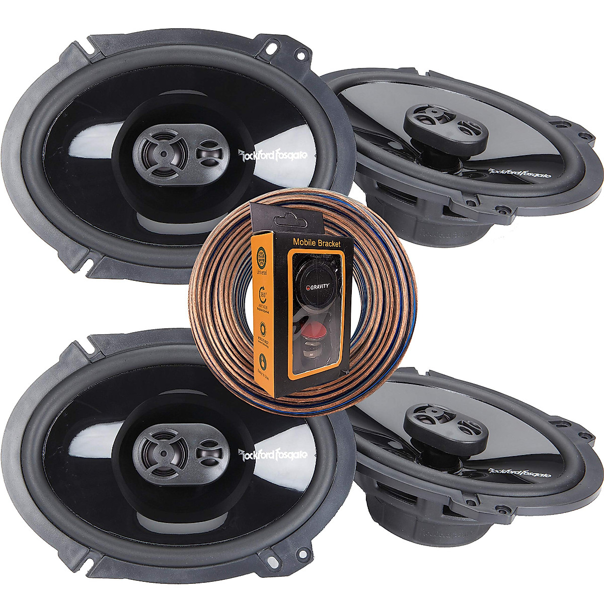 2 Pairs of Rockford Fosgate Punch P1683 260W Peak (130W Rms) 6" X 8" Punch Series 3-Way Full Range Coaxial Speakers - 4 Speakers + Gravity Magnet Phone Holder