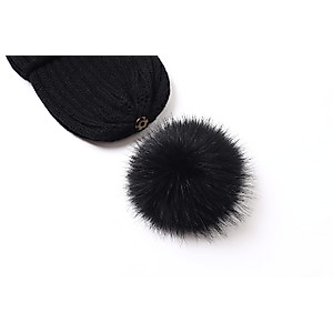 Roniky Womens Winter Beanie Hat, Silk Satin Lined Faux Fur Pom Pom Beanies Hat for Women Girls Warm Winter Knit Hats Black