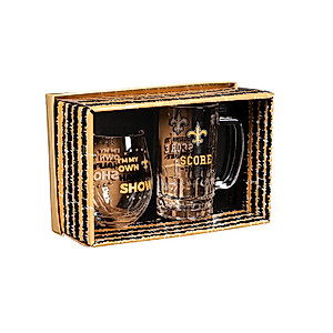 Team Sports America NFL New Orleans Saints, Stemless 17 OZ Wine Glass & Beer Mug 16 OZ Gift Set with Box | Keeps Drinks Cold | Officially Licensed