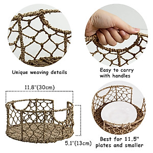 Seagrass Plate Caddy Carrier w Side Handles | Round Plate Holders for Buffets, Weddings, Parties, Dining Table - Cabinet Paper Plate Holders Reusable - By MadeTerra