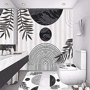 ZYLLGLOW Mid Century Modern Shower Curtain Brown Mid Boho Shower Curtain Set with Rugs, Abstract Black Bathroom Decor Accessories Bathroom Set with Shower Curtain and Rugs Curtain Set