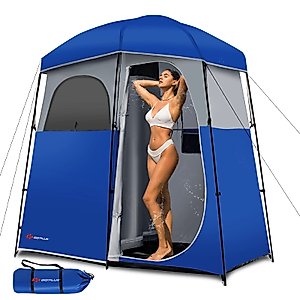 Goplus 2 Room Shower Tent, Portable Camping Changing Tent with Floor Drain,Detachable Rain Fly, Stakes & Ropes, UV Protection, Water Resistant Privacy Tent for Outdoor Toilet, Dressing, 7’ x 3.5” x 7’