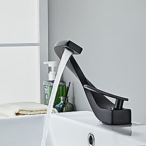SHUNLI Modern Black Bathroom Faucet, Unique Curved Design Single Hole Bathroom Sink Faucet, Lavatory Vanity Mixer Taps Contemporary Bath Faucets (Matte Black,Solid Brass)