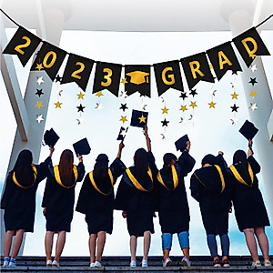 2023 Grad Graduation Banner (Assembled)with Black Gold Silver Star Garland Class of 2023 Gold Graduate Party Decorations,High School College Grad Decor, Graduation Party Favors Supplies