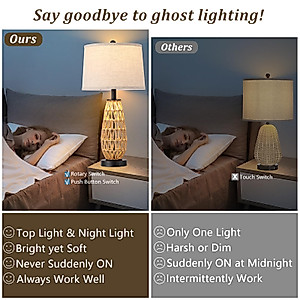 TUUANA 26in Rattan Table Lamps Set of 2 with USB Charging Ports, Farmhouse Wicker Lamps for Living Room End Table, Coastal Lamps for Bedroom Bedside Nightstand, 2 LED Bulbs & 2 Nightlights Included