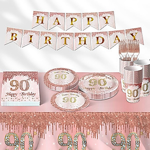 Visgo 90th Birthday Party Supplies for Women - 122 PCS 90th Birthday Decorations for Women, Serve 24 with Safe & Durable 90th Birthday Plates and Napkins -Complete 90th Birthday Party Decorations Set!
