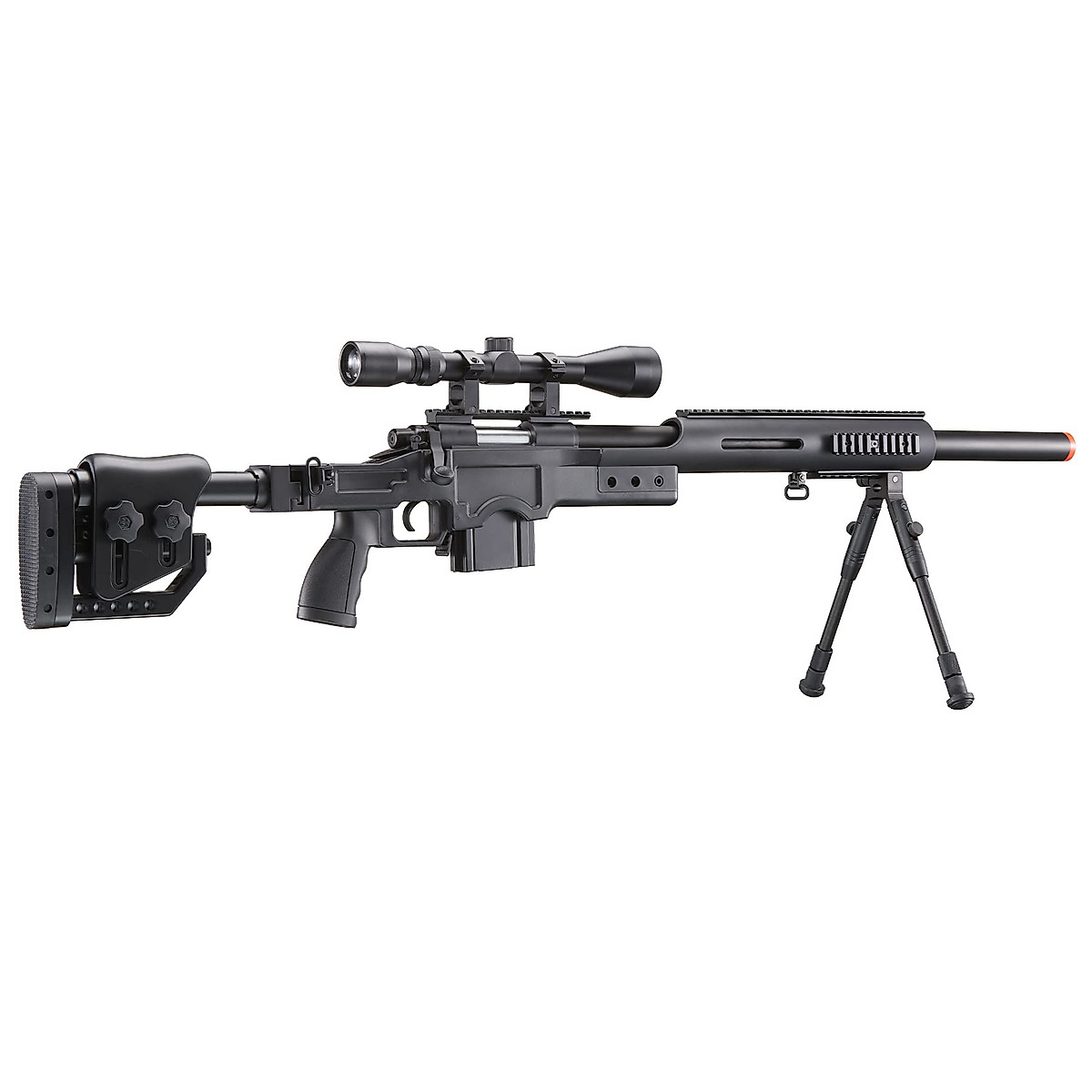 WF 410 High FPS Airsoft M24 Bolt Action Tri Rail Airsoft Rifle with Scope & Bipod - Black