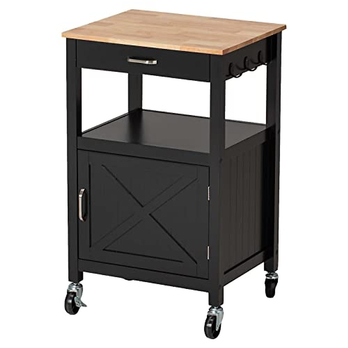 Rolling Kitchen Island Cart with Storage, Farmhouse Kitchen Cart on Wheels, Kitchen Cabinet with Barn Door and Drawer for Dining Room, Wood Top & Side Hooks, 36” H, Black