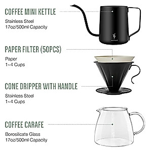 Soulhand Pour Over Coffee Maker Set | 1~4 Cups Coffee Pour Over Set | Includes Stainless Steel Coffee Dripper, 17oz/500ml Gooseneck Kettle, Heat-resistant Carafe & 50pcs Filter Paper