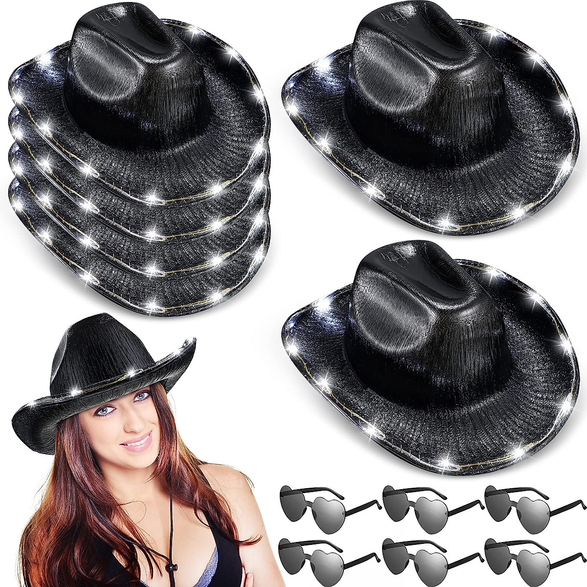 Janmercy 6 Pack Led Cowboy Hats Light Up Glitter Space Cowgirl Hat with 6 Heart Sunglasses for Women Girls and Men (Black)